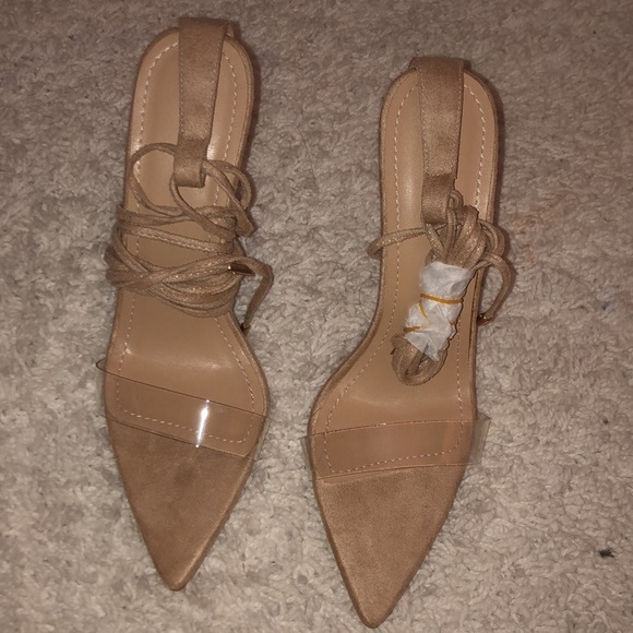 PrettyLittleThing | Shoes | Clear Strap Nude Plt Heels | Poshmark